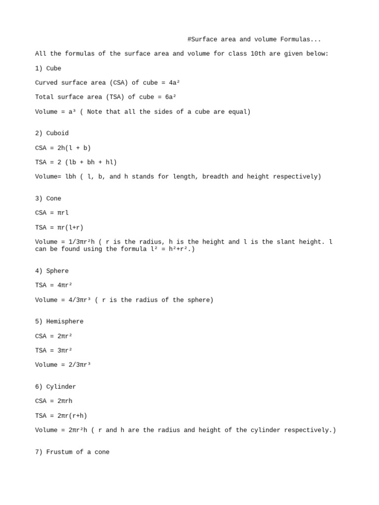 Surface Area and Volume All Formula... | PDF