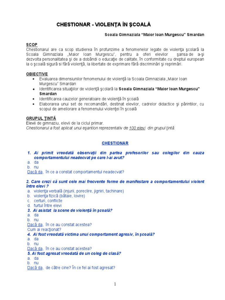 Chestionar - Violenta - in - Scoala 22-23 | PDF