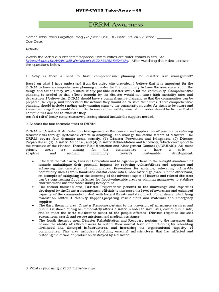 Importance of DRRM Thematic Areas | PDF | Emergency Management | Risk