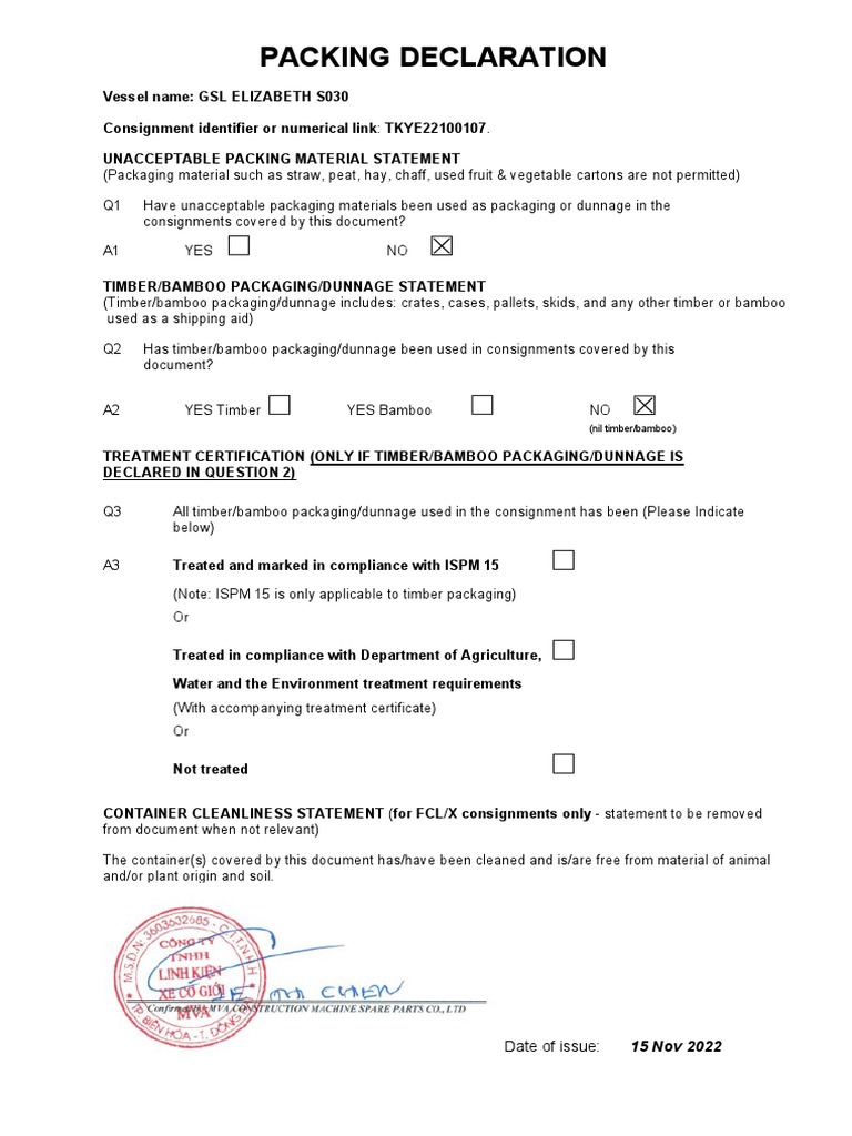 Packing Declaration | PDF