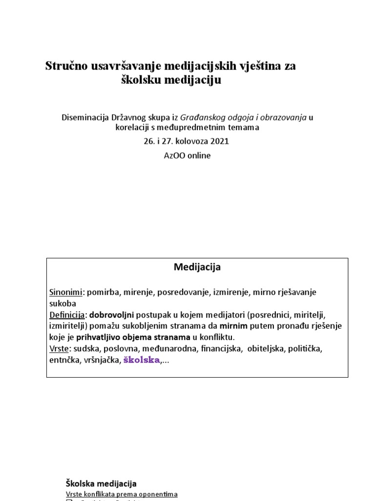 ŠKOLSKA MEDIJACIJA - Diseminacija-Državnog-Skupa - Kolovoz-2021 | PDF