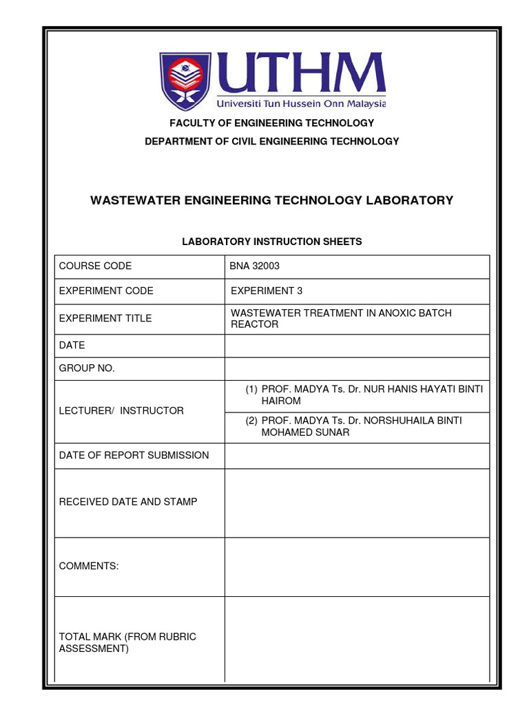 EXP 3 - Wastewater Treatment in Anoxic Batch Reactor | PDF | Sewage ...