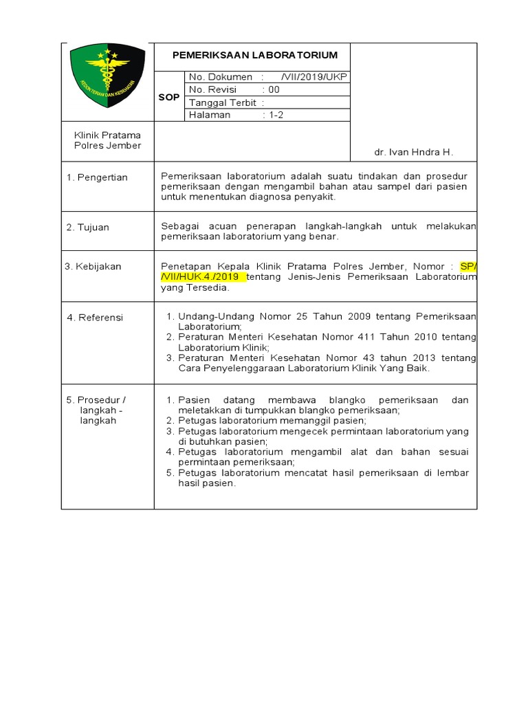 SOP Pemeriksaan Laboratorium | PDF