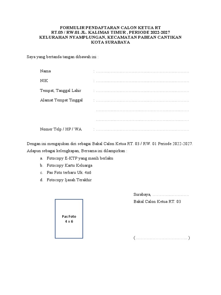 Formulir Pendaftaran Calon Ketua RT | PDF