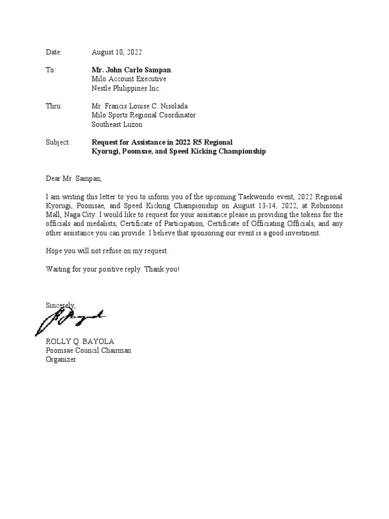Request for Assistance: Taekwondo Championship | PDF