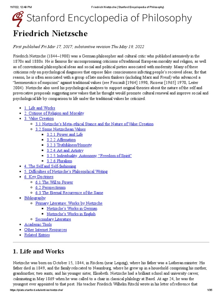 Friedrich Nietzsche (Stanford Encyclopedia of Philosophy) | PDF ...