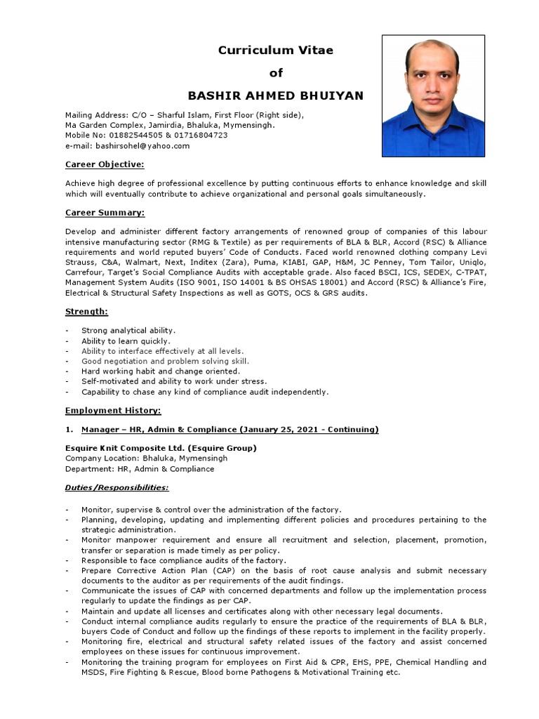 Curriculum Vitae of Bashir Ahmed Bhuiyan-1 | PDF | Regulatory ...