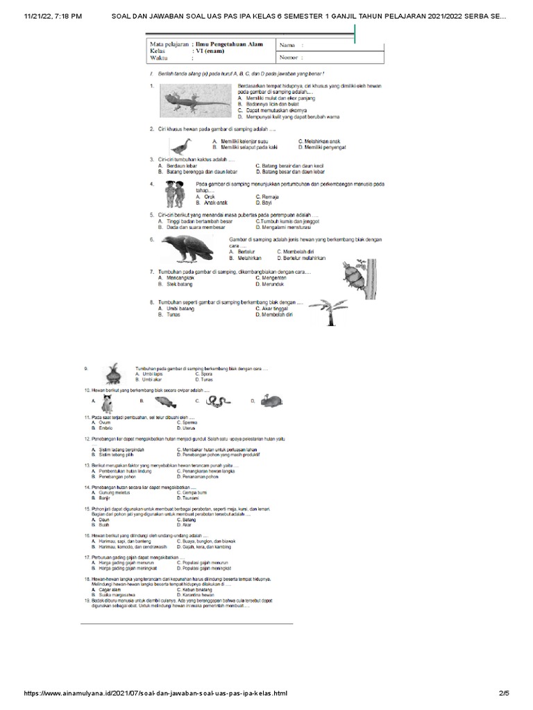 Soal Dan Jawaban Soal Uas Pas Ipa Kelas 6 Semester 1 Ganjil Tahun Pelajaran 2021 - 2022 Serba ...