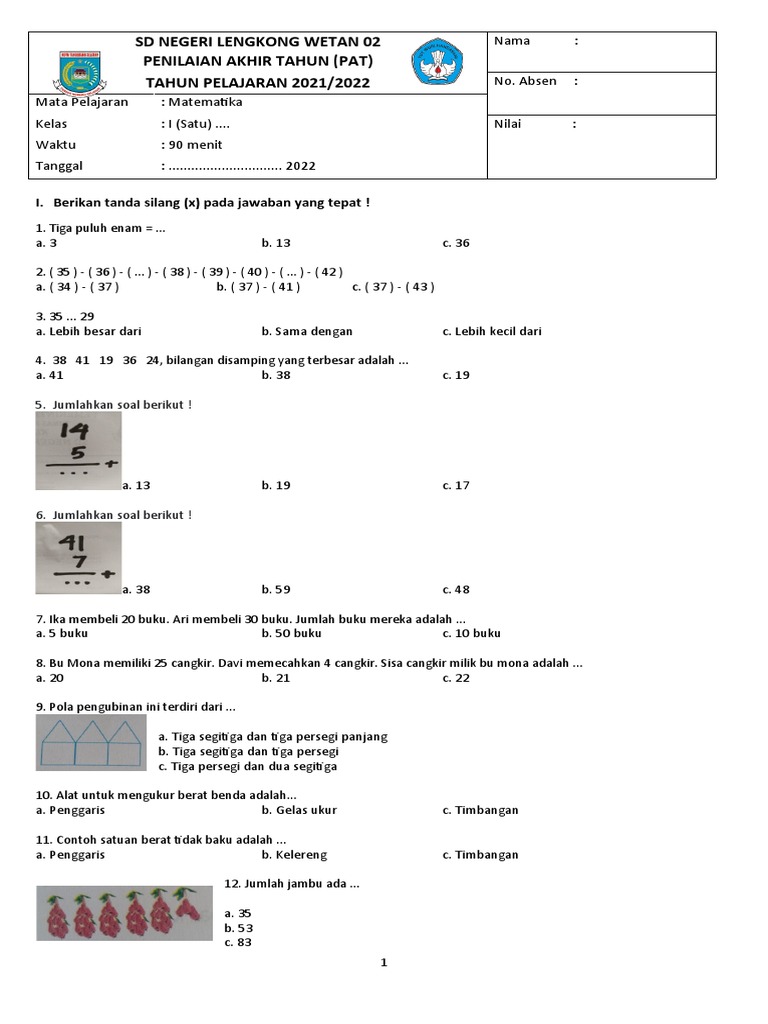 Soal Ukk Kelas 1-MTK | PDF
