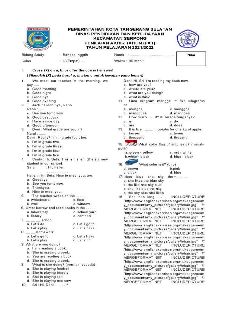 SOAL UKK B.INGGRIS Kelas 4 Semester 2 2021-2022 | PDF