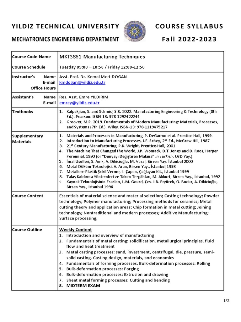 Yildiz Technical Universit Y Course Syllabus Mechatronics Engineering ...