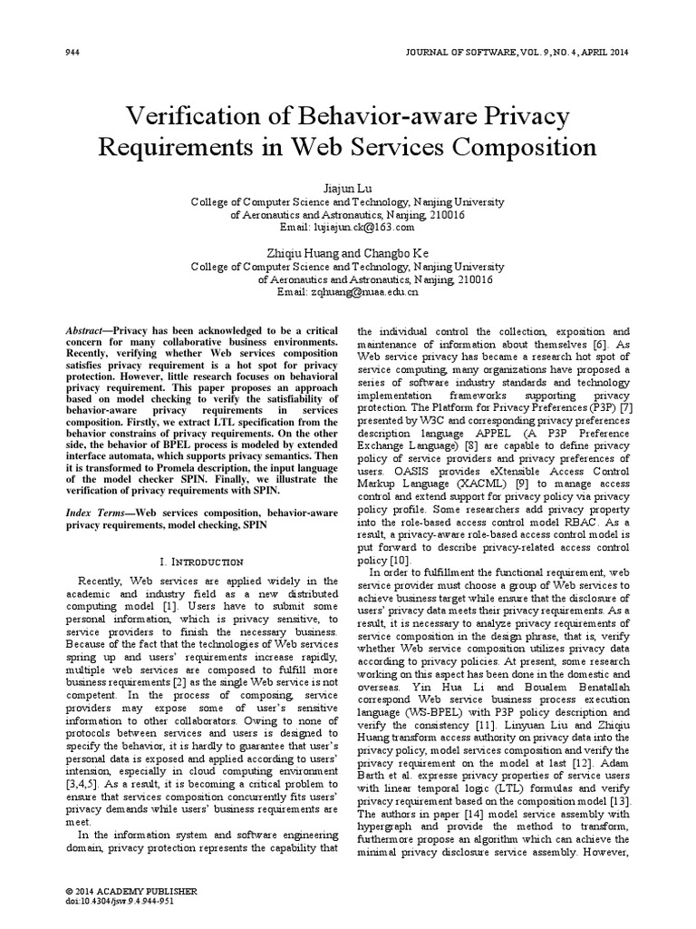Verification of Behavior-Aware Privacy Requirements in Web Services Composition | PDF | Privacy ...