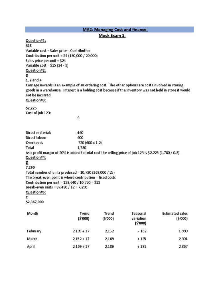 MA2 Mock Exam 1 Answers | PDF MA2 Mock Exam 1 Answers | PDF