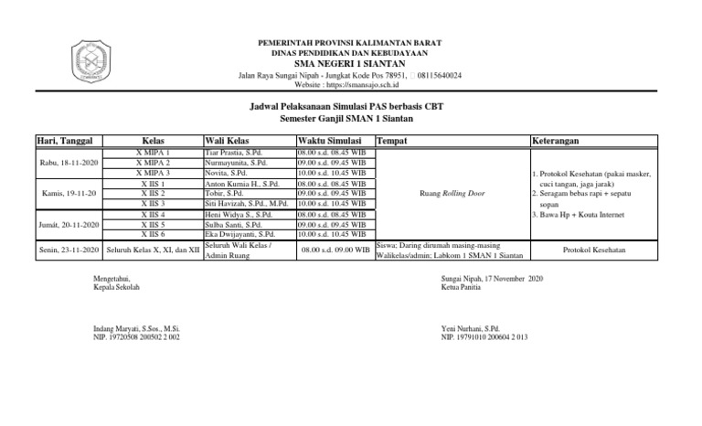 Jadwal Simulasi PAS CBT SMAN 1 Siantan 2020 2021 | PDF