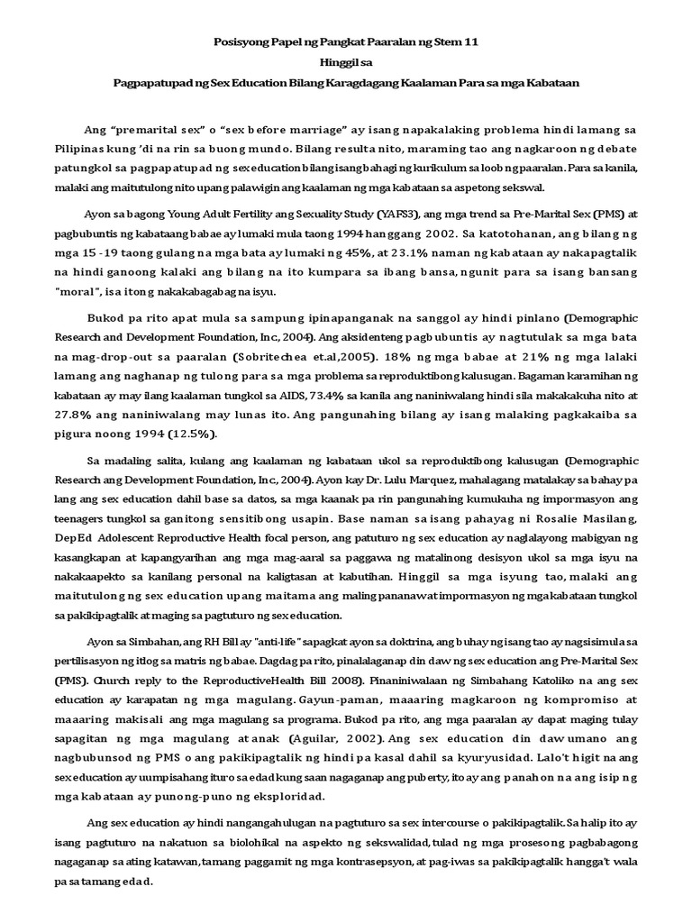 Posisyong Papel Hinggil Sa Pagpapatupad NG Sex Education Sa Loob NG Paaralan | PDF
