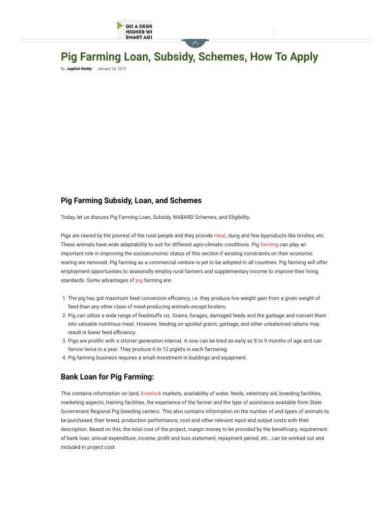 Pig Farming Loan, Subsidy, Schemes, How To Apply - Agri Farming | PDF