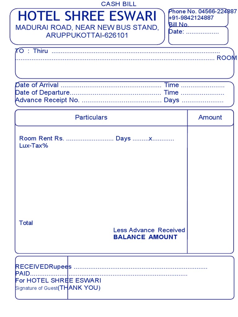 Hotel Shree Eswari Bill Format | PDF