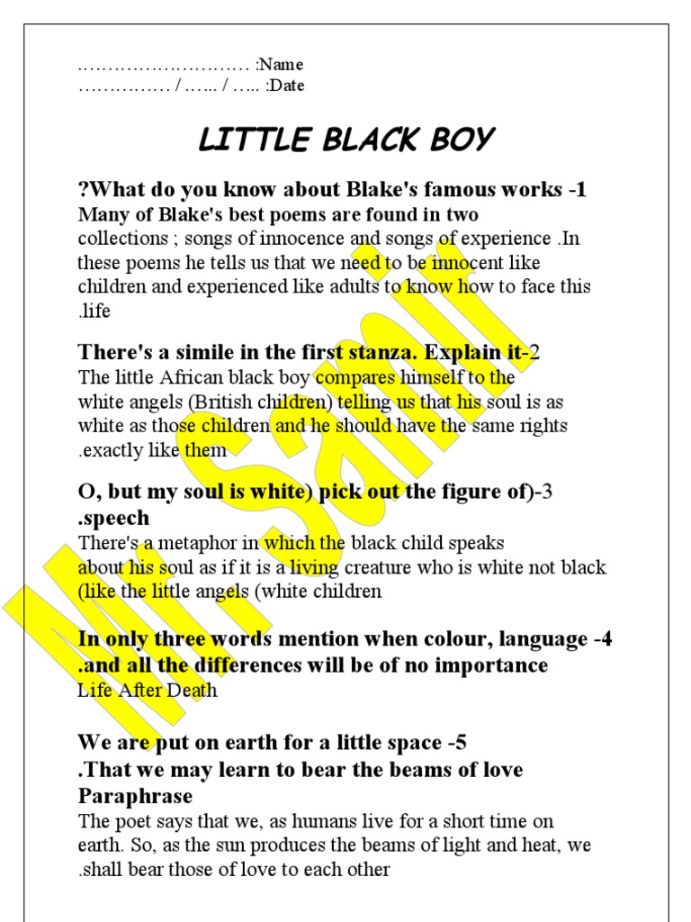 Blake's "Little Black Boy" Analysis | PDF | Poetry
