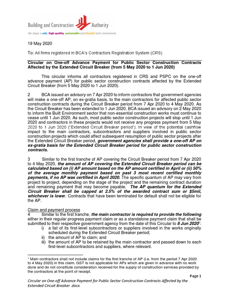 BCA-Circular On One-Off Advance Payment For Public Sector Construction Contracts Affected by The ...