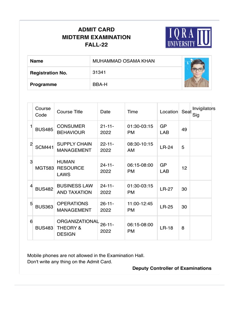 Iqra University, Islamabad Campus - .. Admit Card Midterm Examination ...