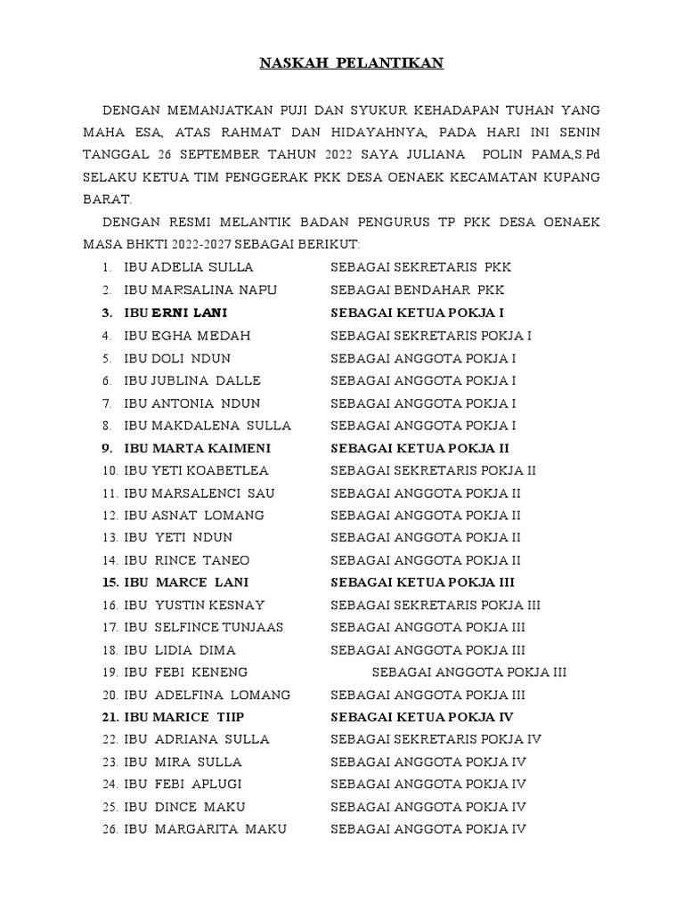 Naskah Pelantikan PKK 2022 SD 2027 | PDF