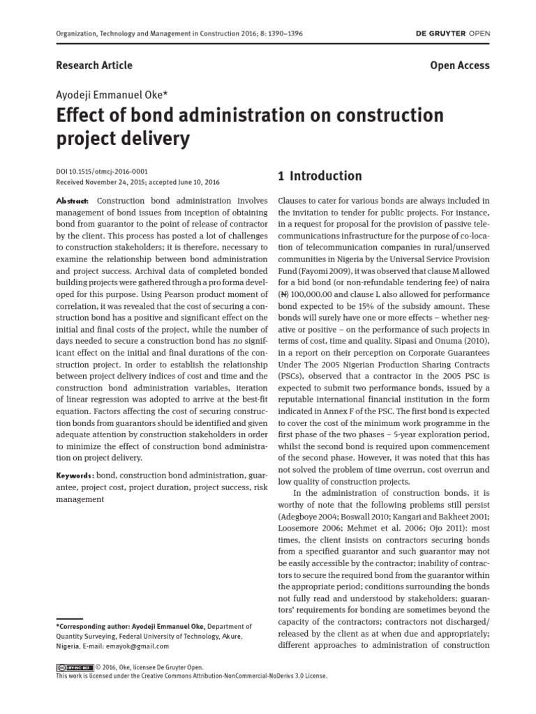 Effect of Bond Administration On Construction Project Delivery | PDF ...
