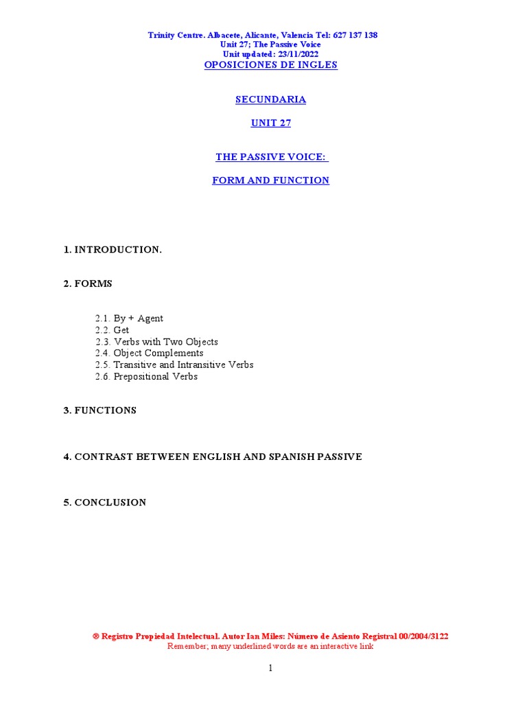 Oposiciones de Ingles Secundaria Unit 27 The Passive Voice: Form and Function | PDF | Verb | Syntax