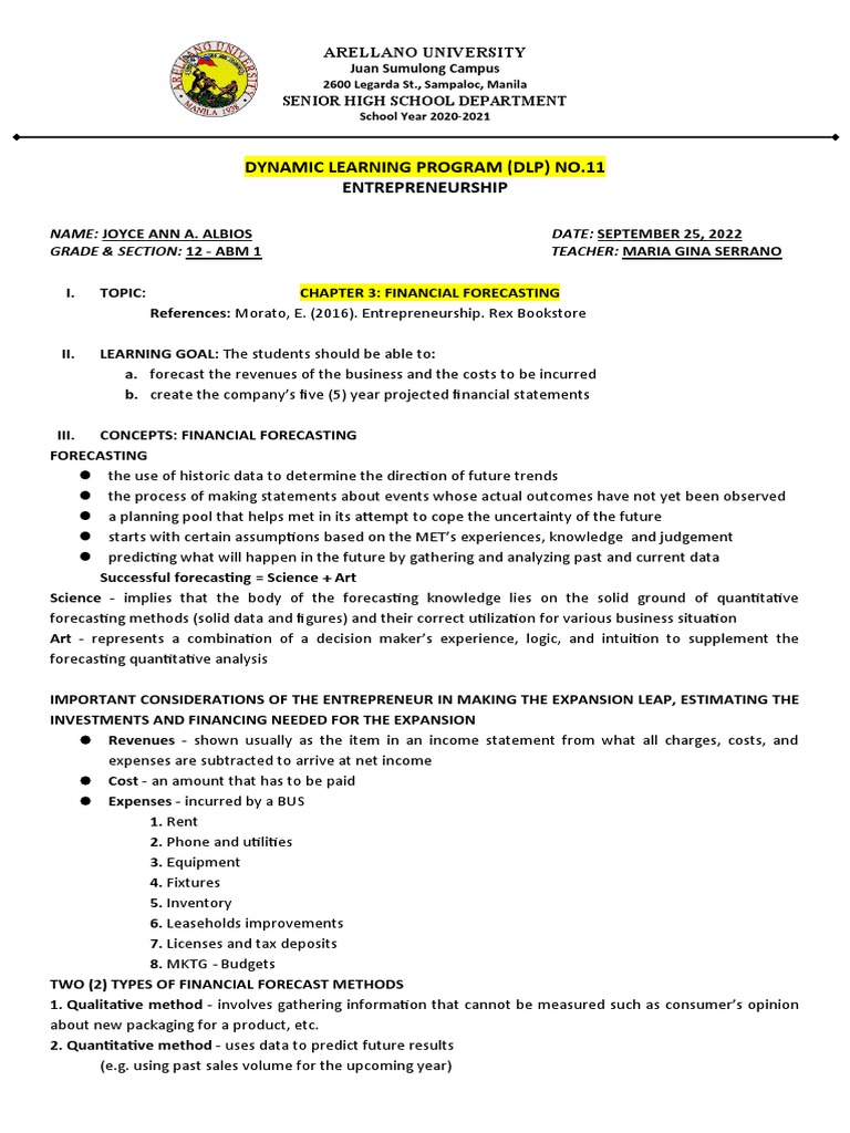 Entrep DLP 11 - Albios, Joyce Ann | PDF | Forecasting | Inventory