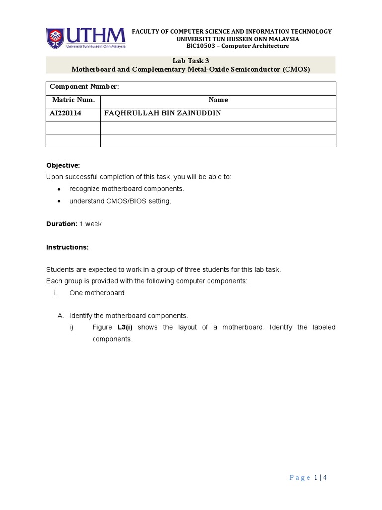Labtask3 Motherboardandcmos 28students 29 | PDF | Bios | Personal Computing