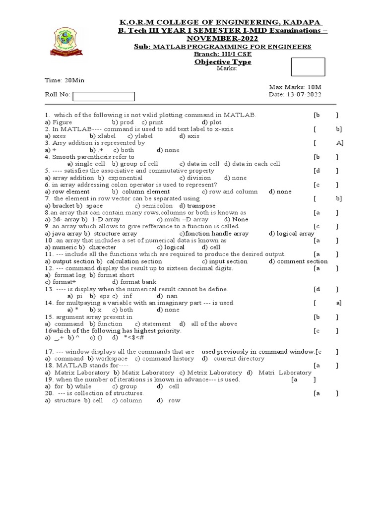 Matlab Mid I Pdf Matlab Array Data Structure 9303