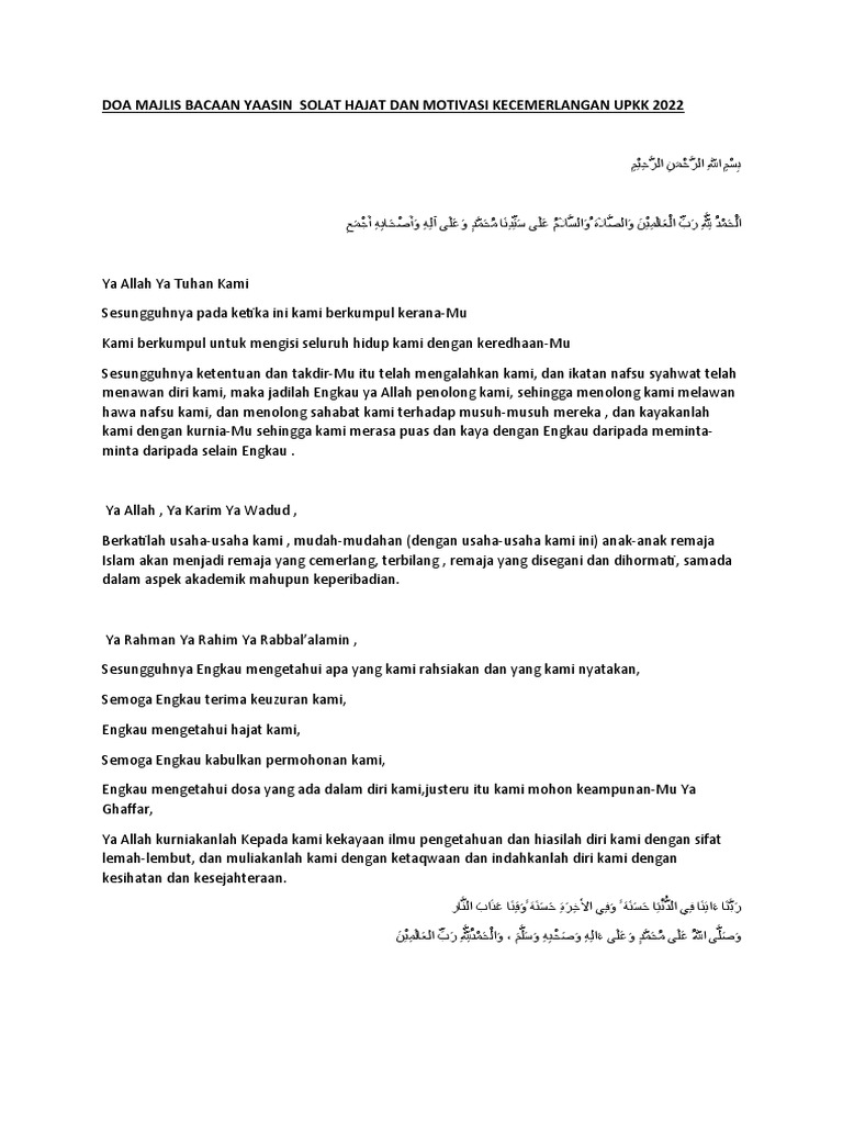 Doa Majlis Bacaan Yaasin Solat Hajat Dan Motivasi Kecemerlangan Upkk 2022 | PDF