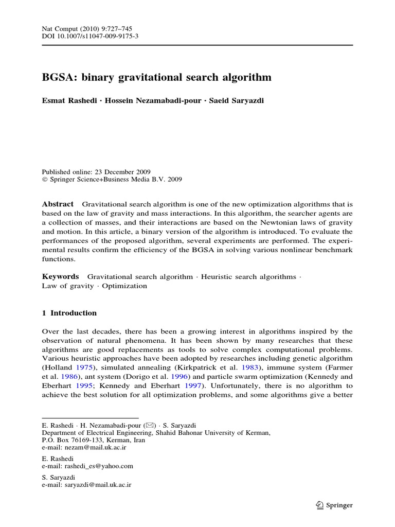 BGSA: Binary Gravitational Search Algorithm | PDF | Force | Mathematical Optimization