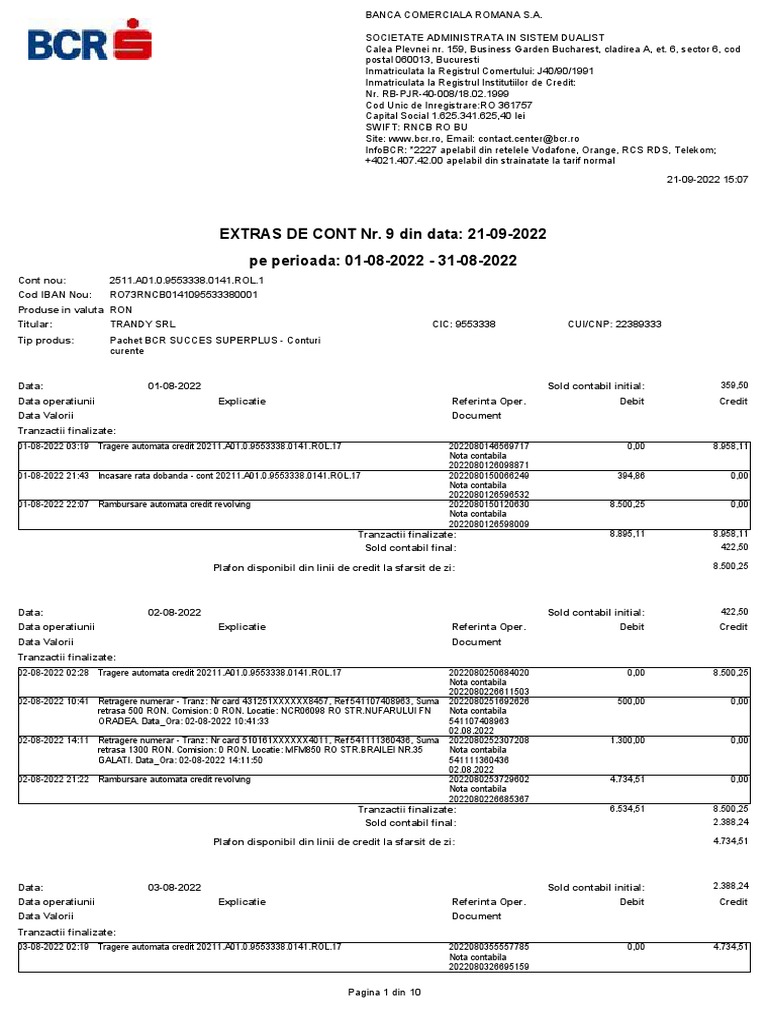 Pe Perioada: 01-08-2022 - 31-08-2022 EXTRAS DE CONT Nr. 9 Din Data: 21-09-2022 | PDF