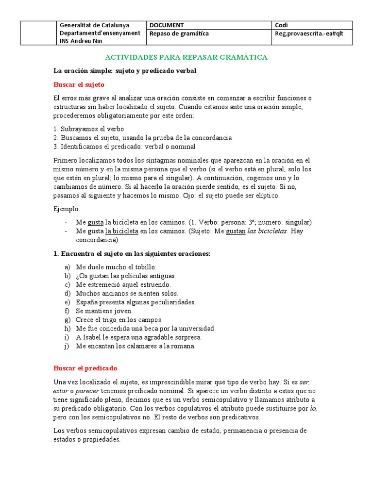 Actividades de Repaso de Gramática | PDF | Asunto (gramática ...