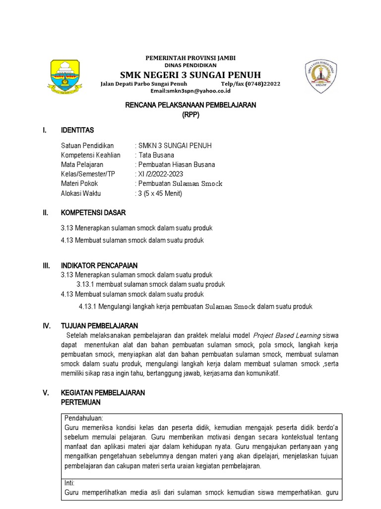 RPP Pembuatan Sulaman Smock | PDF