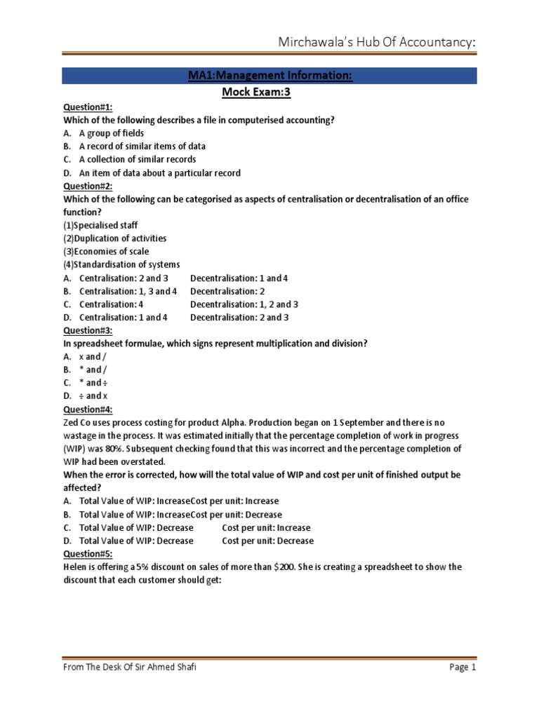 MA1 Mock Exam 3 | PDF | Spreadsheet | Inventory