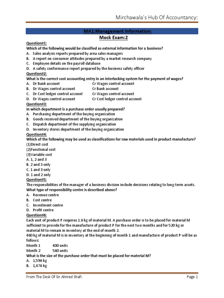 Management Information Mock Exam 2: Multiple Choice Questions on Cost ...