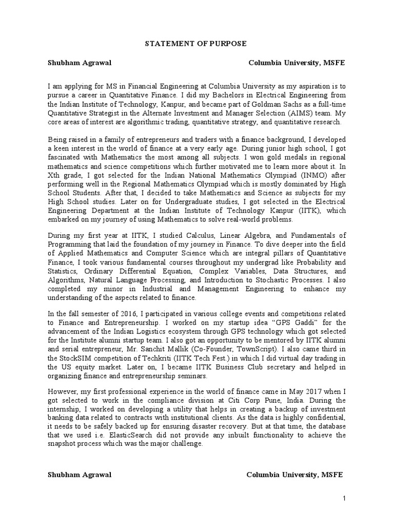 SOP Columbia | PDF | Mathematics | Mathematical Finance