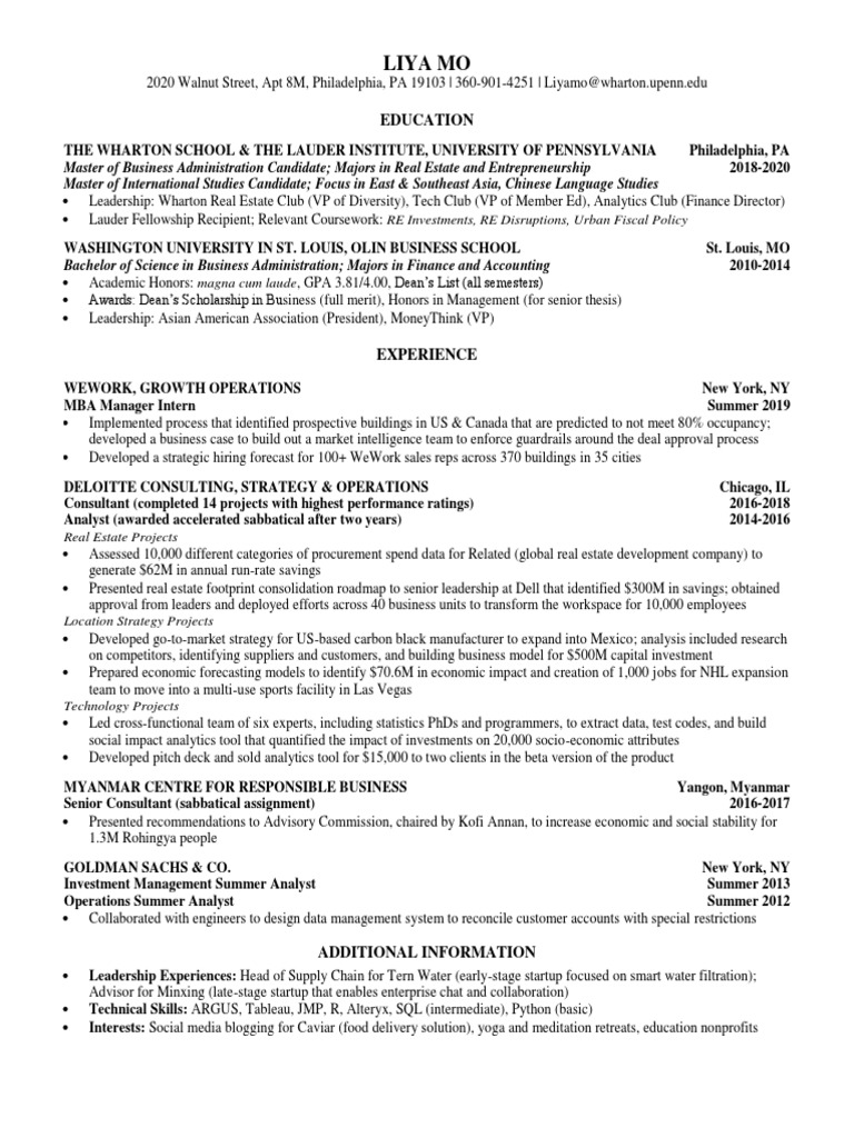 Liya Mo | PDF | Master Of Business Administration | Economies