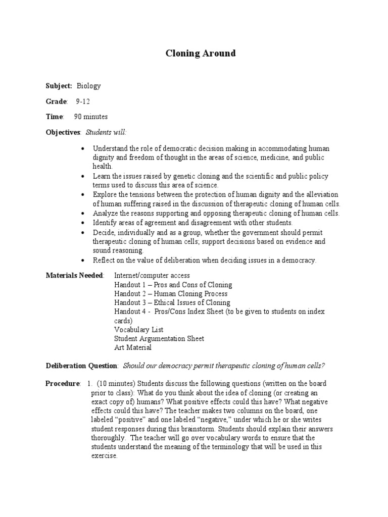 "Therapeutic Cloning Debate Lesson" | PDF | Cloning | Genetics