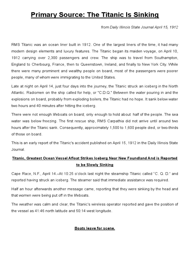 The Titanic Is Sinking - Primary Source | PDF | Ships | Water Transport