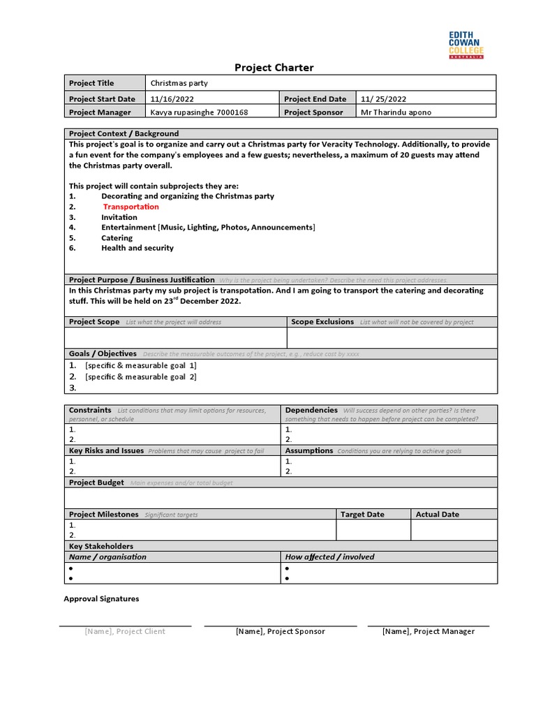 Christmas Party Project Charter | PDF