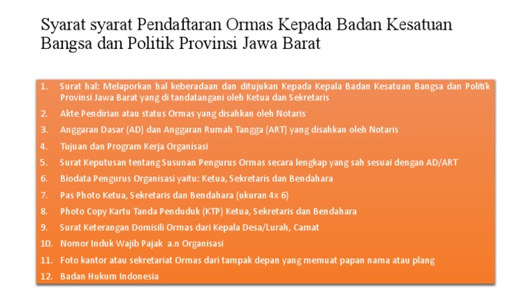 Syarat Syarat Pendaftaran Ormas Kepada Badan Kesatuan Bangsa | PDF