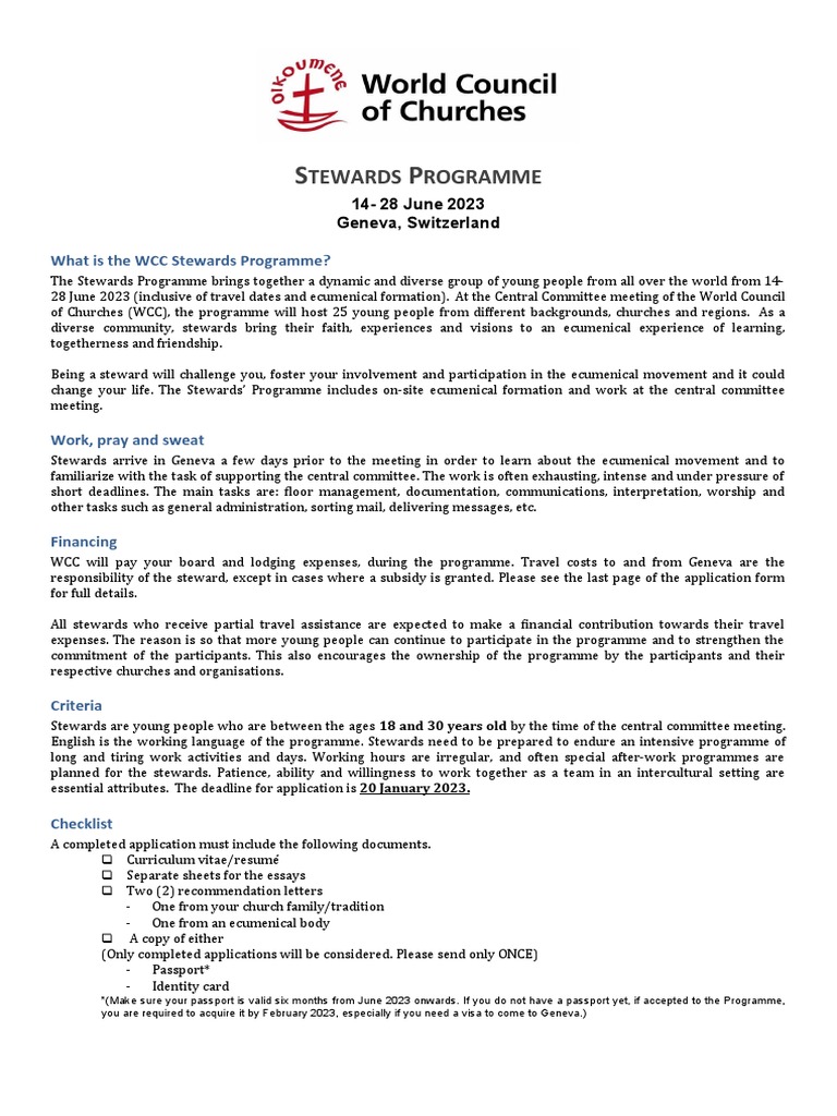 2023 WCC Central Committee - Steward Application Form | PDF | Ecumenism ...