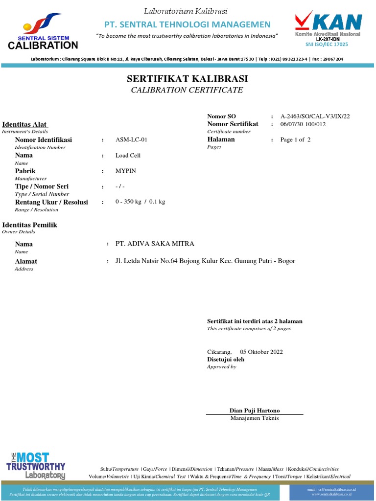 Sertifikat Kalibrasi Load Cell | PDF