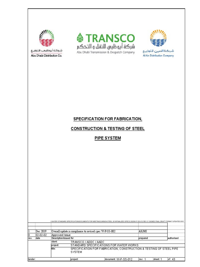 Specification For Fabrication, Construction & Testing of Steel Pipe ...