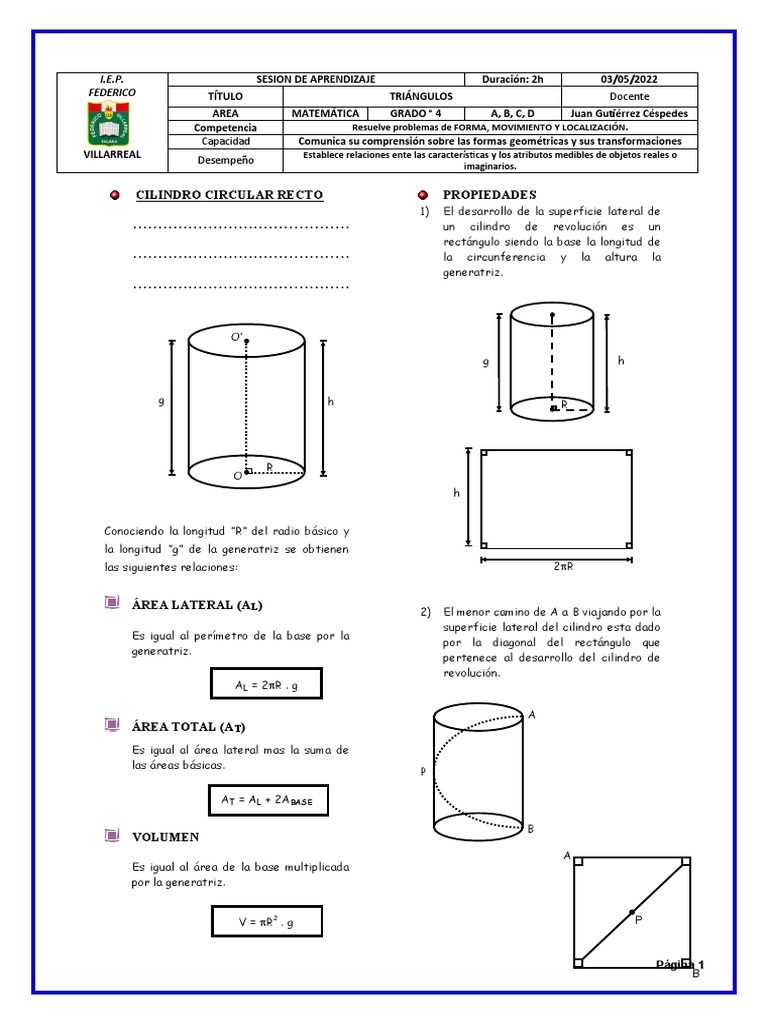 Cilindro Circular Recto para Cuarto de Secundaria | PDF | Geometría ...