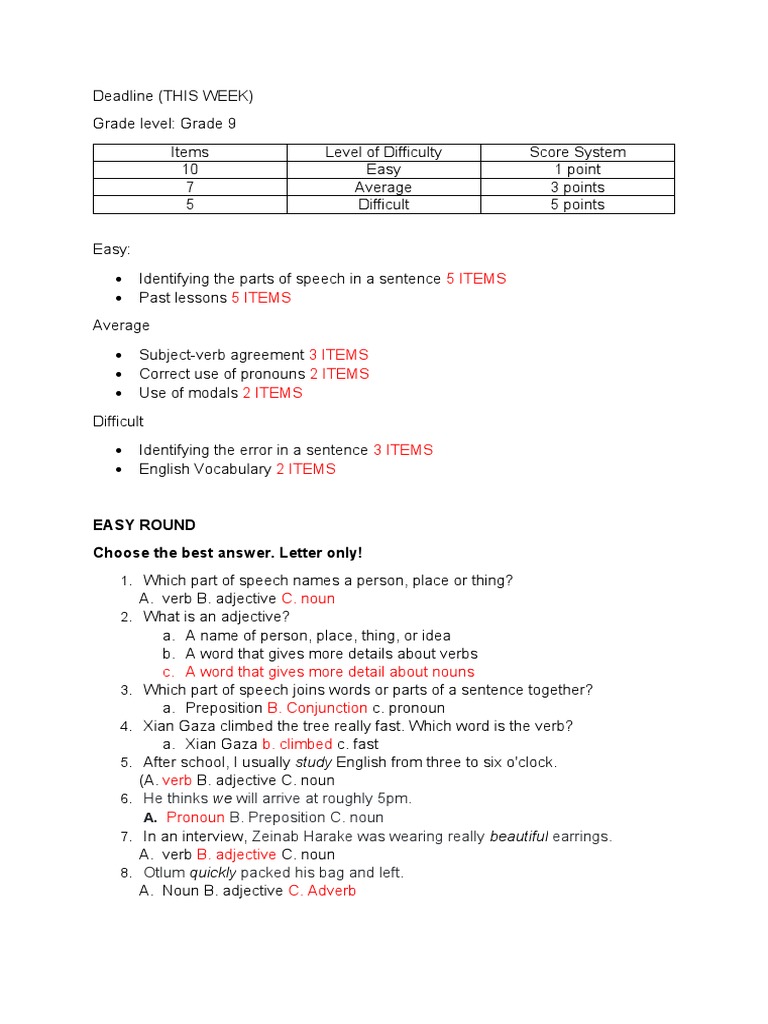 Grade 9 Quiz Bee | PDF | Part Of Speech | Verb