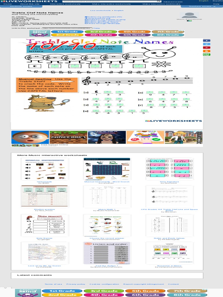 Treble Clef Note Names Worksheet | PDF | Worksheet | Computing