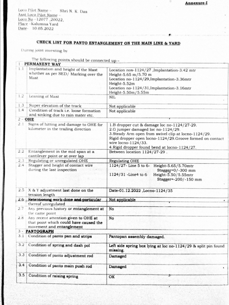 Checklist For Panto Entanglement On The Main Line and Yard 10-May-2022 ...